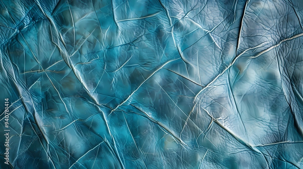 A baby blue leather texture viewed overhead, showing texture and patina ...