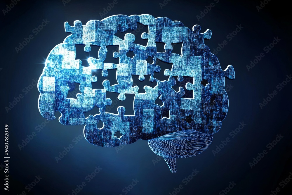 Digital Brain Made Of Puzzle Pieces Floating In Space Symbolizing The