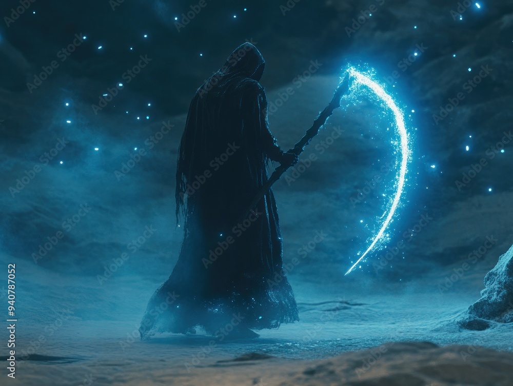 Cartoon grim reaper with a transparent plasma scythe, futuristic ...