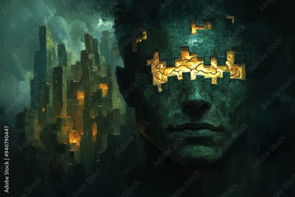 Abstract digital art of a man with his eyes obscured symbolizing the ...
