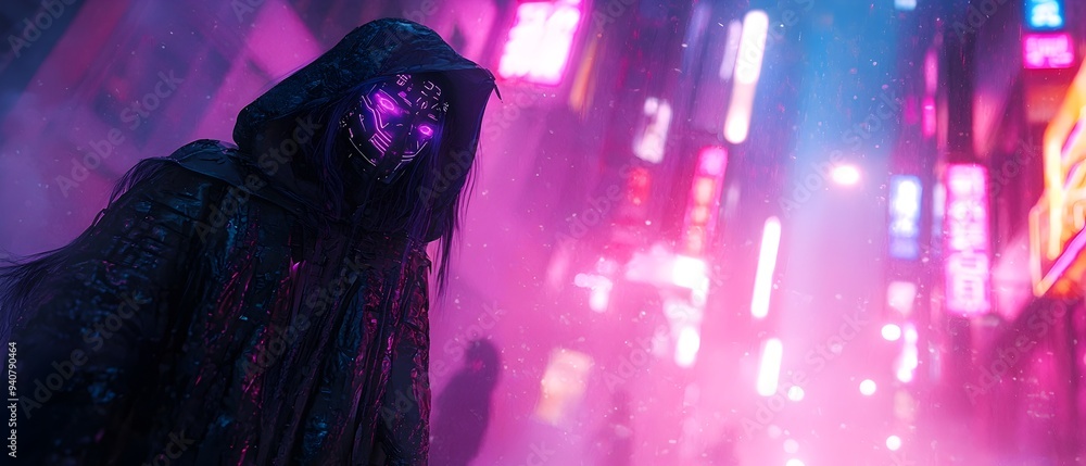 Futuristic witch with cybernetic enhancements casting spells in a neon ...