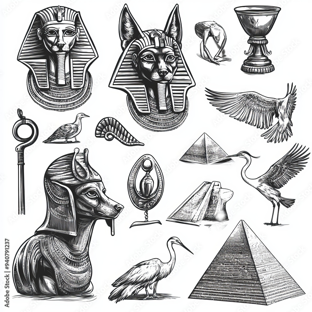 Vector illustrations of ancient Egyptian symbols and deities. Includes ...