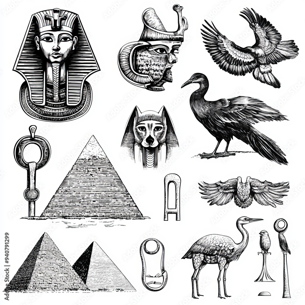 Vector illustrations of ancient Egyptian symbols and deities. Includes ...