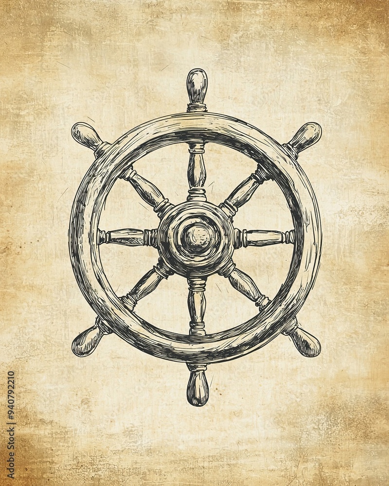 Vintage rudder sketch drawing. Nautical and sailing concept. Poster ...