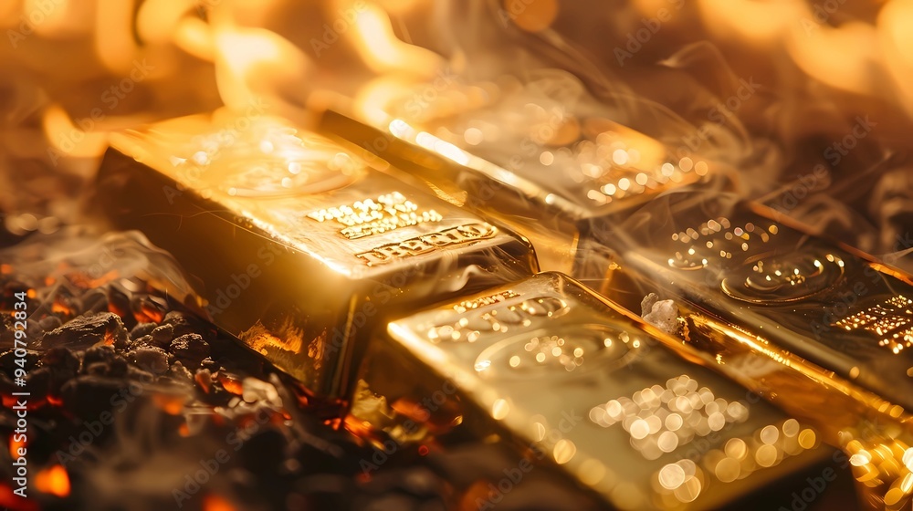 A gold bullion bars emerge unscathed from fire as dollars burn up ...