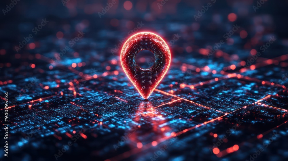 Digital location pin icon with binary code, artificial intelligence in ...