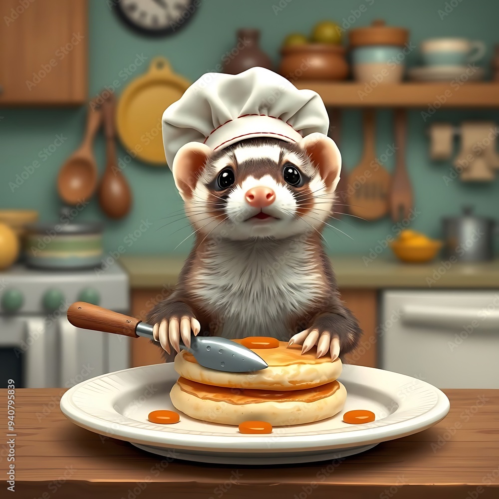 Ferret Chef: A cute ferret in a chef's hat prepares pancakes in a cozy ...