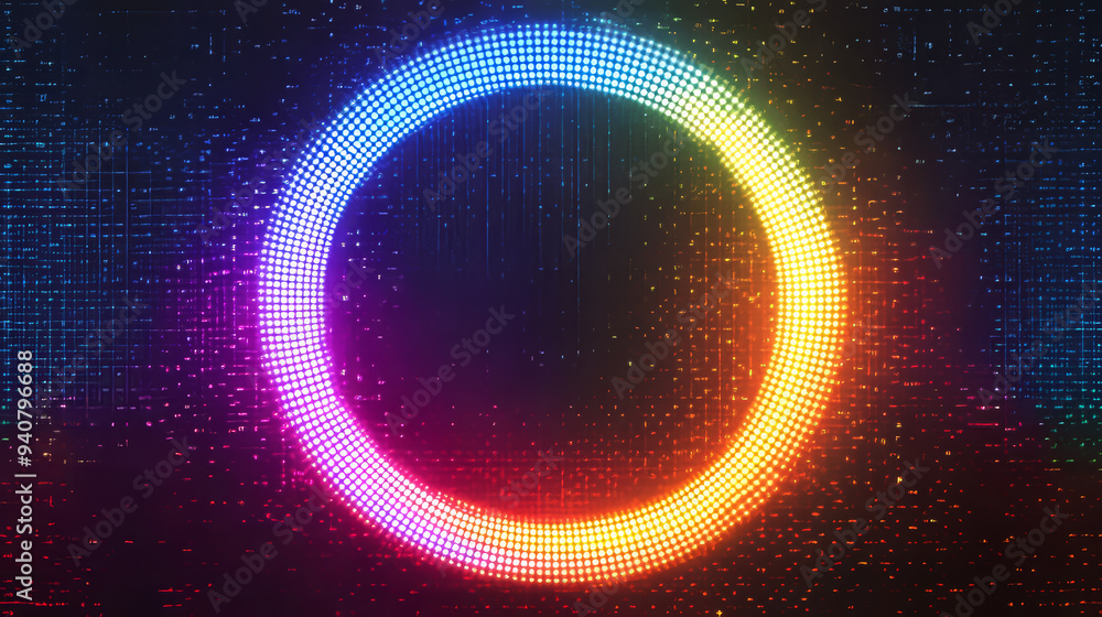 Glitch digital frames and circles with a neon light effect. This vector ...