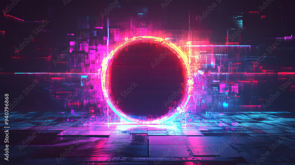 Glitch digital frames and circles with a neon light effect. This vector ...