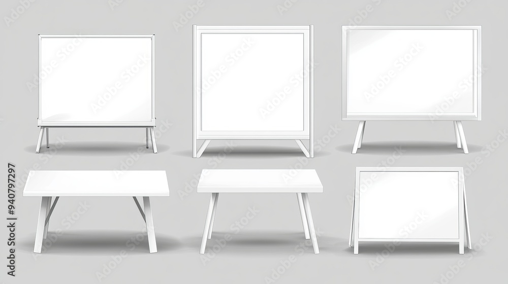 Realistic advertising stands in multiple angles with blank signboards ...