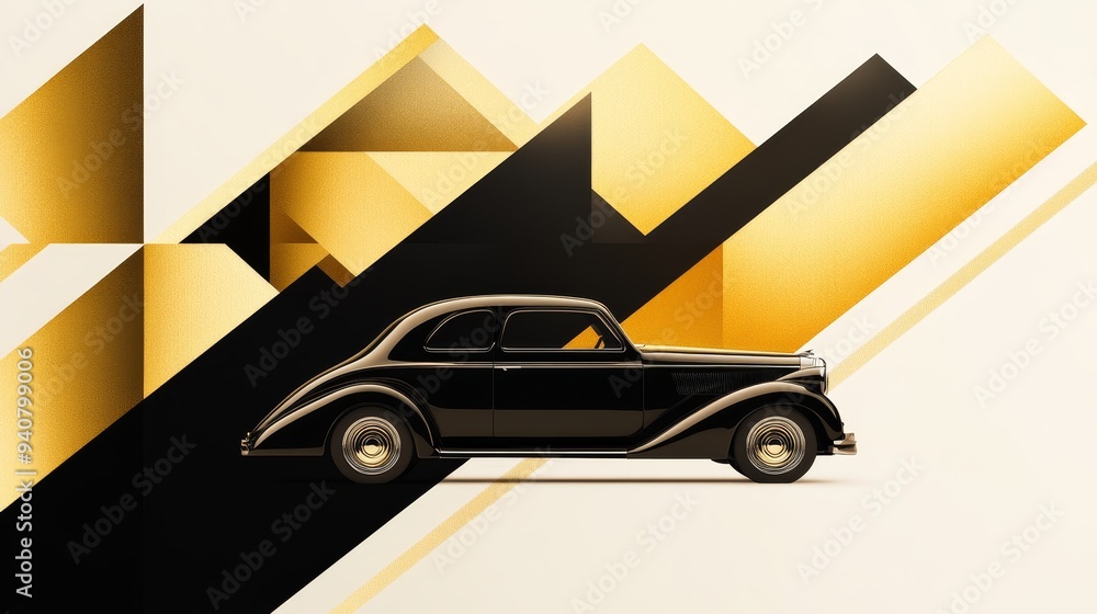 Vintage car in double exposure with gold and black art deco geometric ...