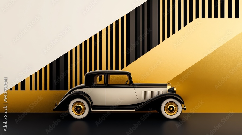 Vintage car in double exposure with gold and black art deco geometric ...