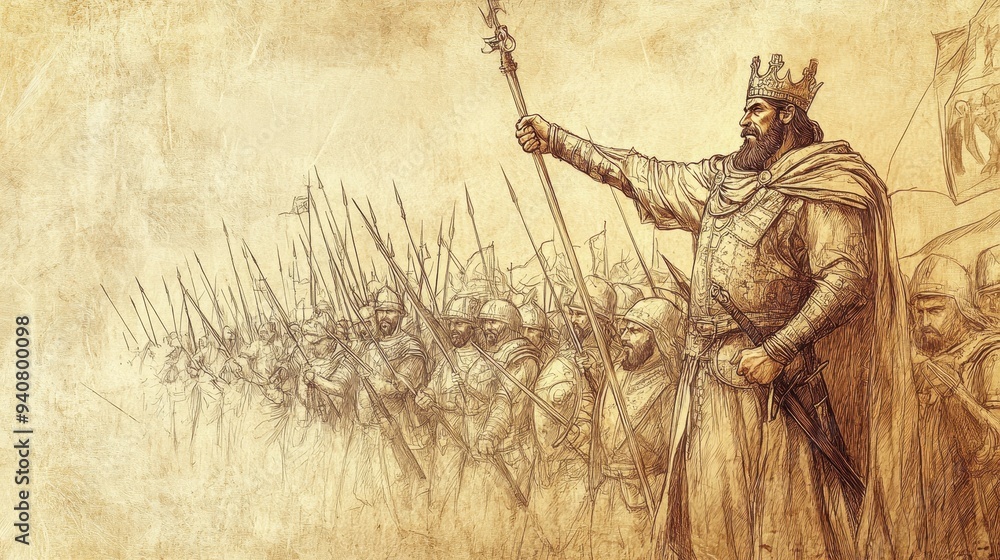 Biblical Illustration of Mighty King Leading Army into Battle, Victory ...