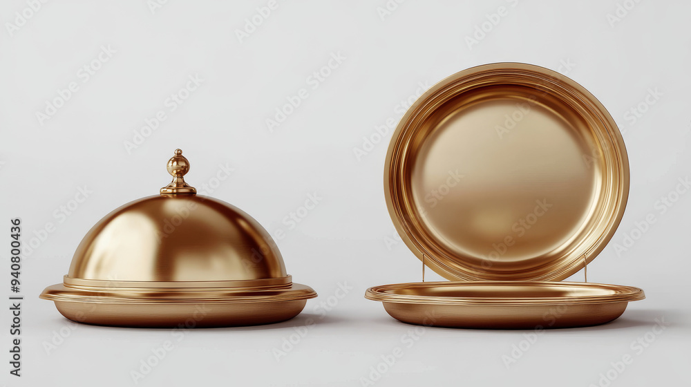 Golden dish tray. Luxurious restaurant dishware, including cooking ...
