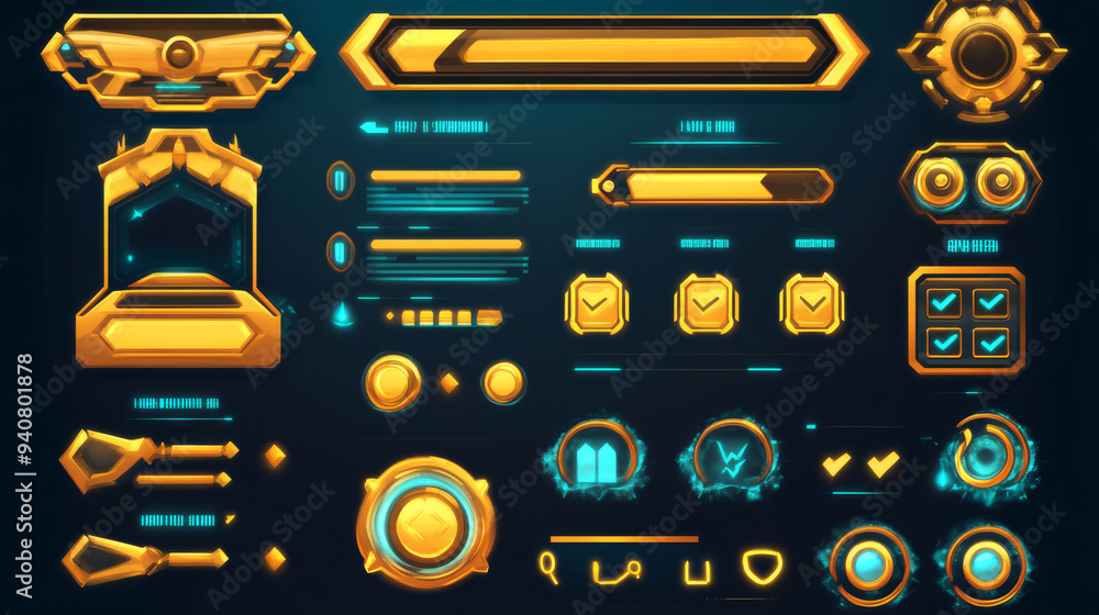 Golden interface game buttons and UI/GUI elements. This vector set ... Golden interface game buttons and UI/GUI elements. This vector set ...