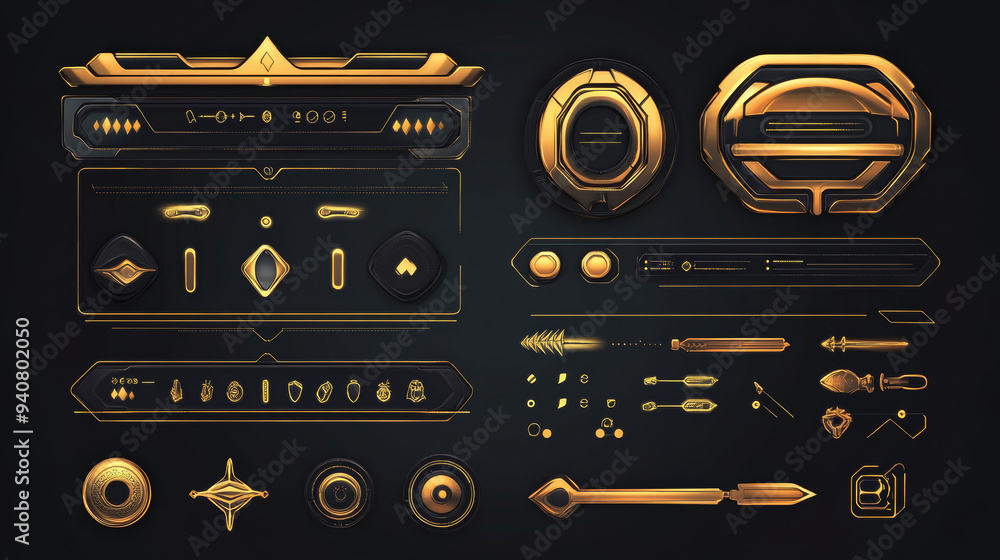 Golden interface game buttons and UI/GUI elements. This vector set ... Golden interface game buttons and UI/GUI elements. This vector set ...