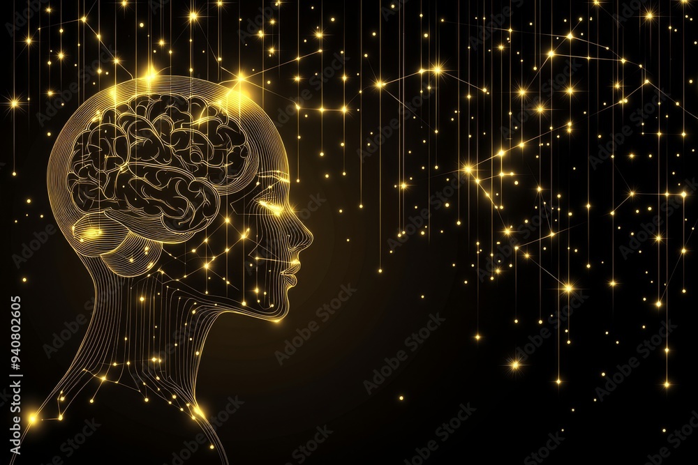 Stylized gold and black illustration of a brain made of stars ...