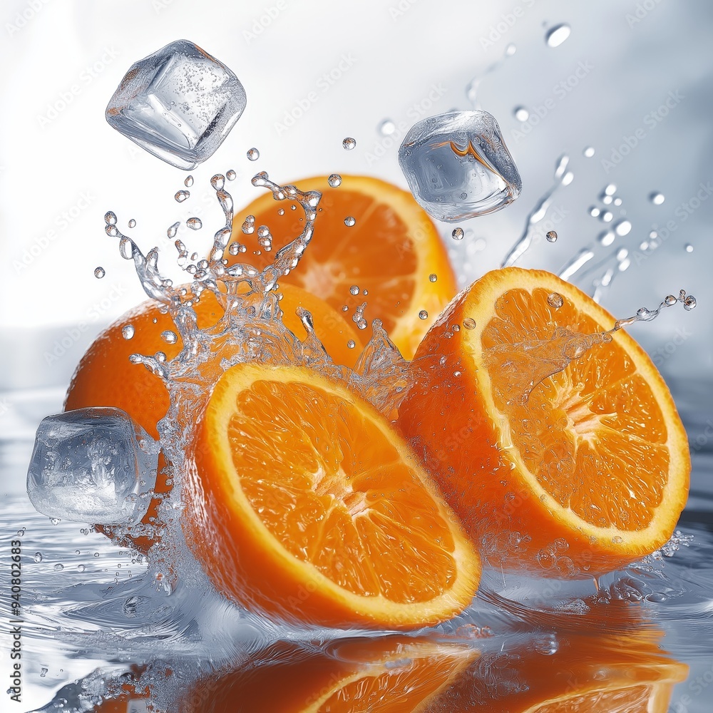 orange fruit and slices with melting ice cubes and water splashes ...