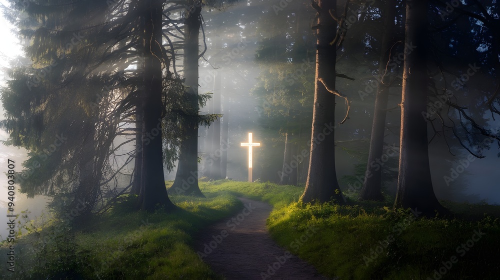 Pathway to the Cross in the Misty Forest: A Winding Path Through ...