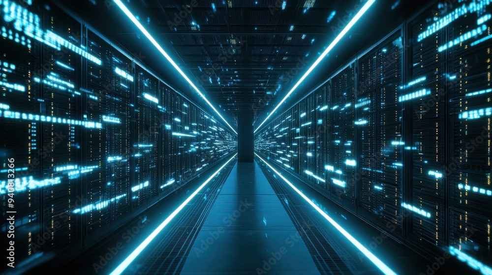 A highly advanced data center with rows of servers extending into ...