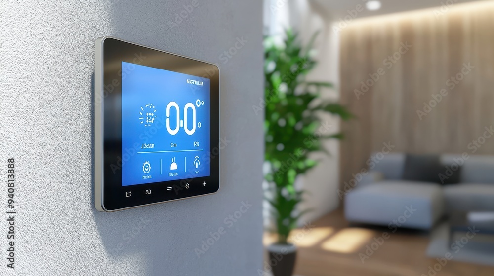 A smart thermostat interface on a sleek, minimalist wall displaying ...