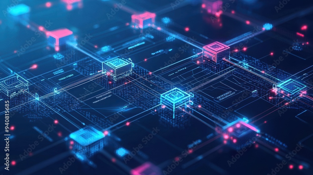 A blockchain network visualized as a series of interconnected nodes and ...