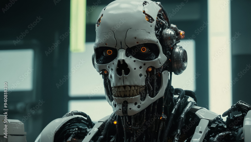 A futuristic concept of a humanoid robot, the head with bright eye ...