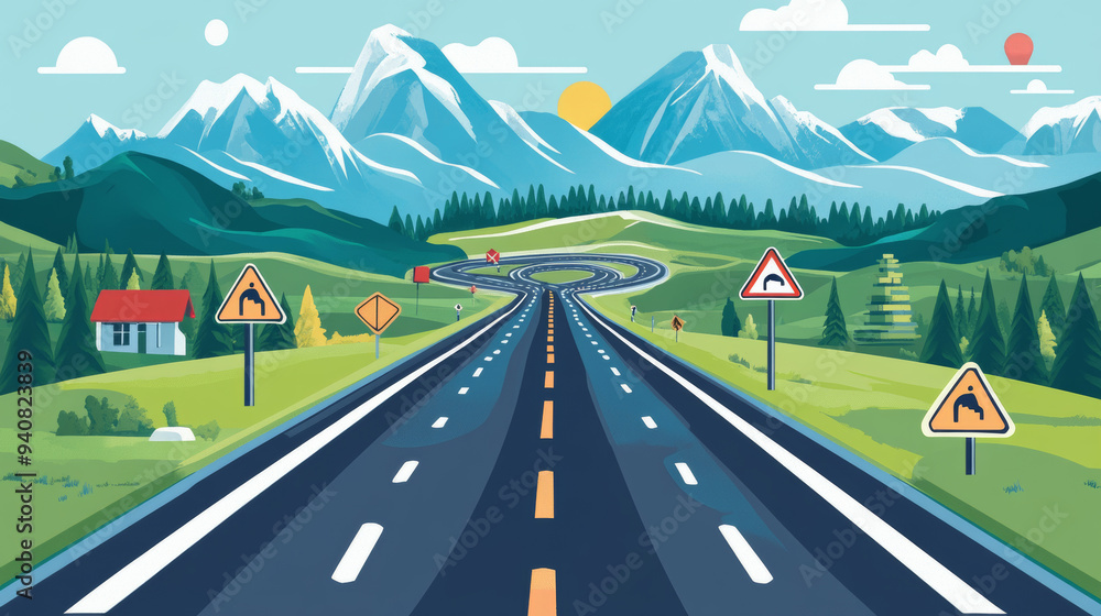 Transportation emblems and travel symbols featuring a crossroad ...