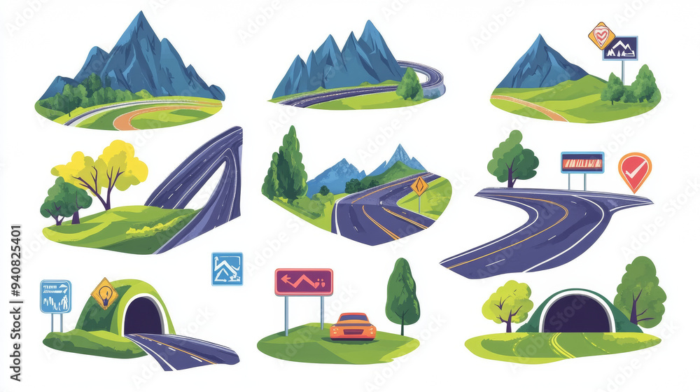 Transportation emblems and travel symbols featuring a crossroad ...