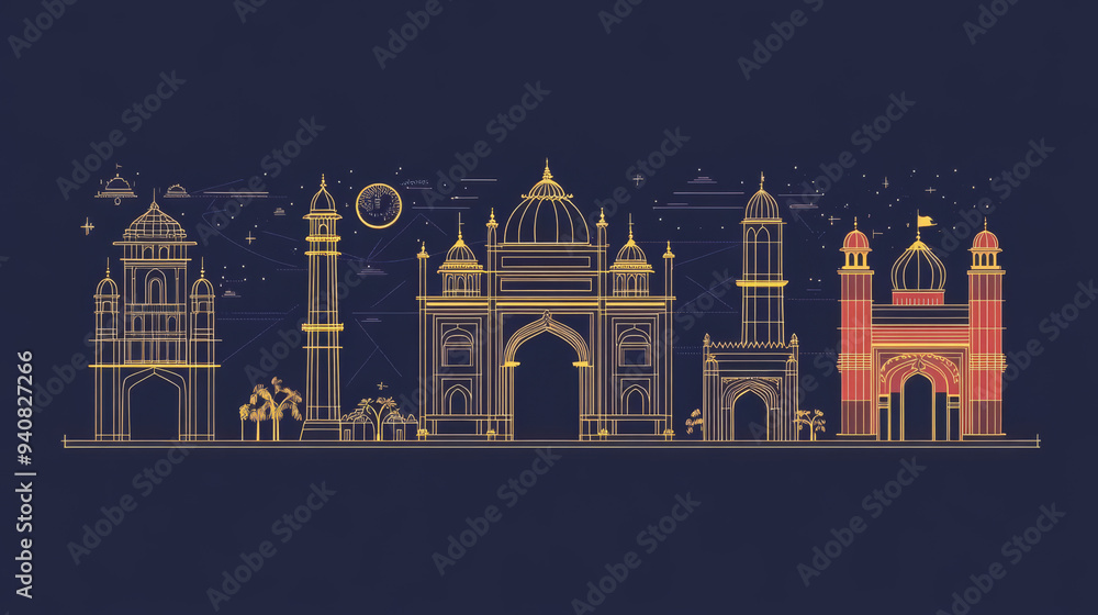Travel landmarks of Indian architecture in thin line icons, including ...