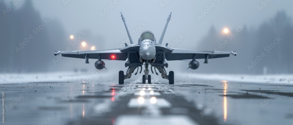 Military jet fighter poised for takeoff on a slick runway amidst ...