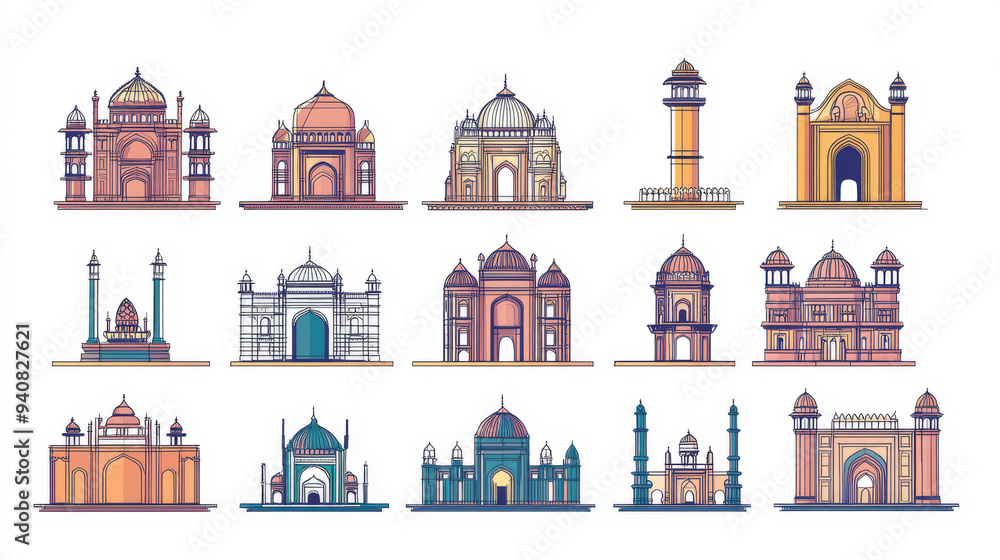 Travel landmarks of Indian architecture in thin line icons, including ...