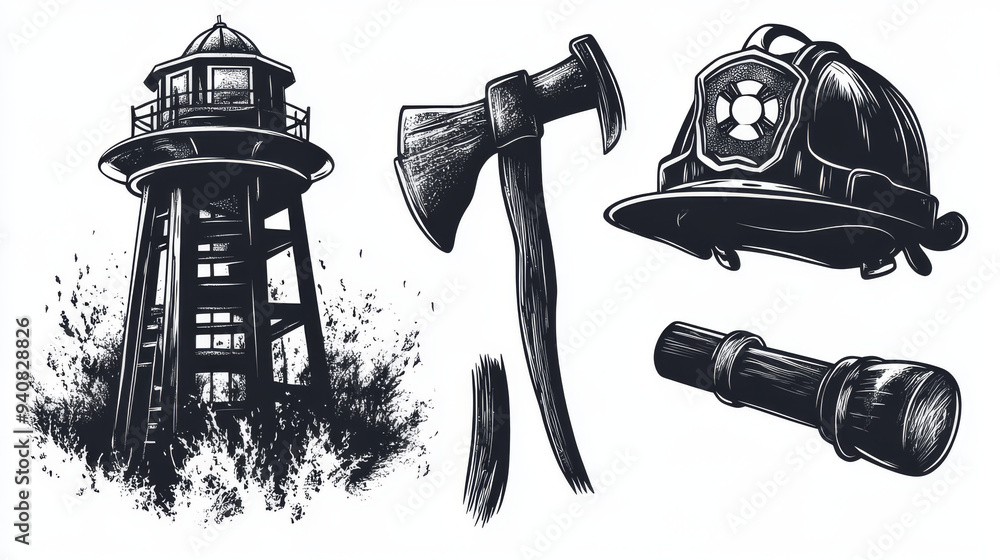 T-shirt print featuring a firefighter's helmet, axe, ladder, and water ...