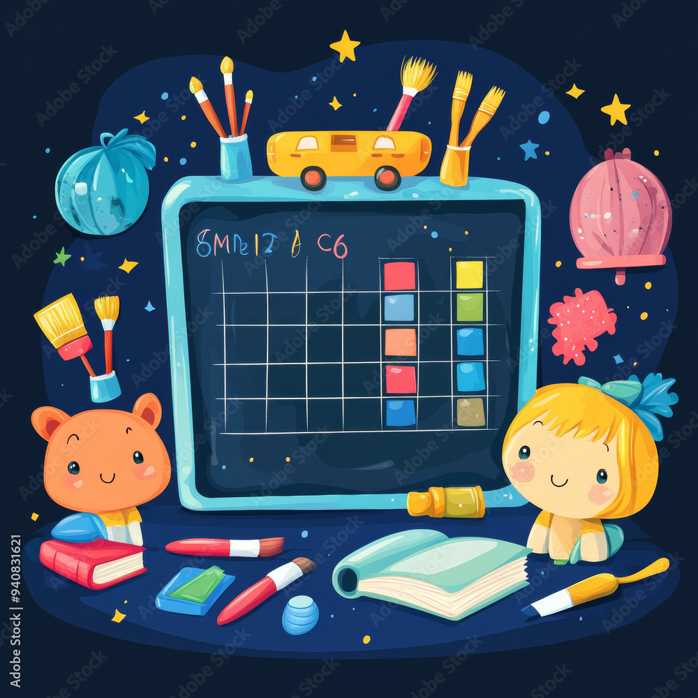 Colorful education timetable featuring cartoon school stationery ...