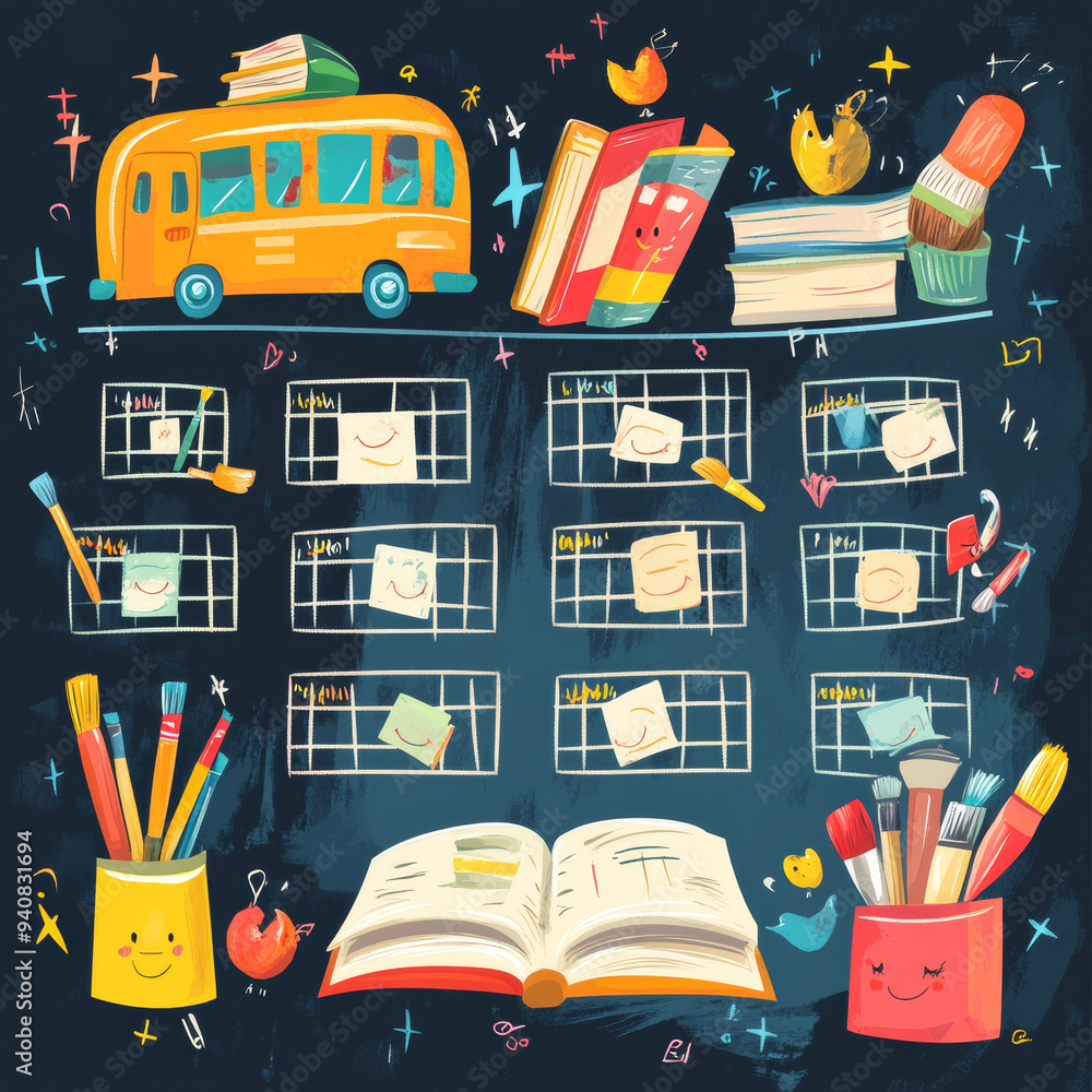 Colorful education timetable featuring cartoon school stationery ...
