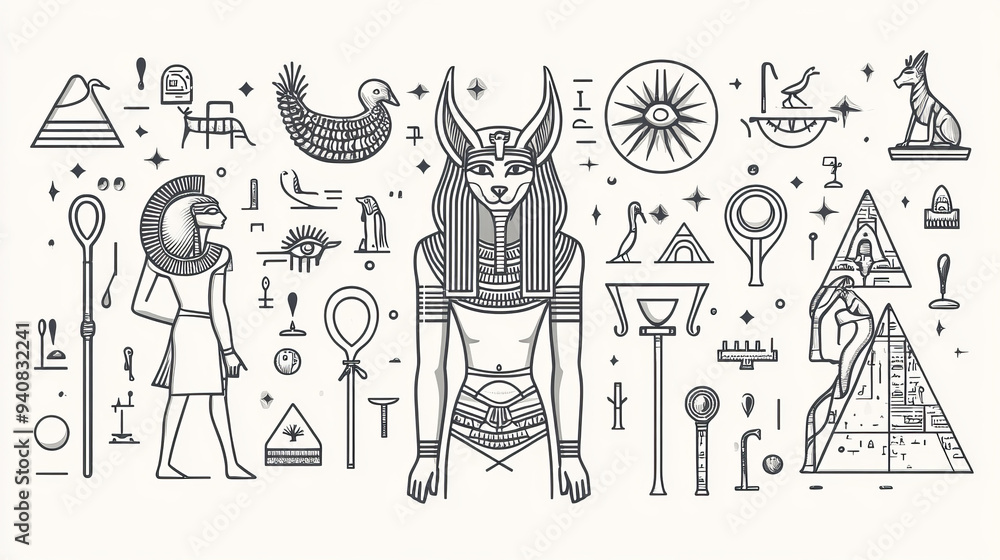 Vector set of thin line icons depicting ancient Egyptian gods and ...