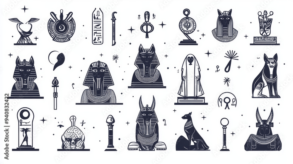 Vector set of thin line icons depicting ancient Egyptian gods and ...