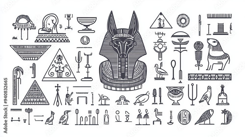 Vector set of thin line icons depicting ancient Egyptian gods and ...