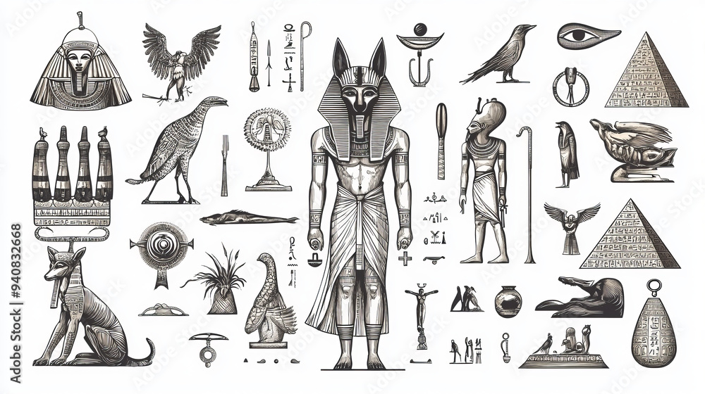 Vector set of thin line icons depicting ancient Egyptian gods and ...