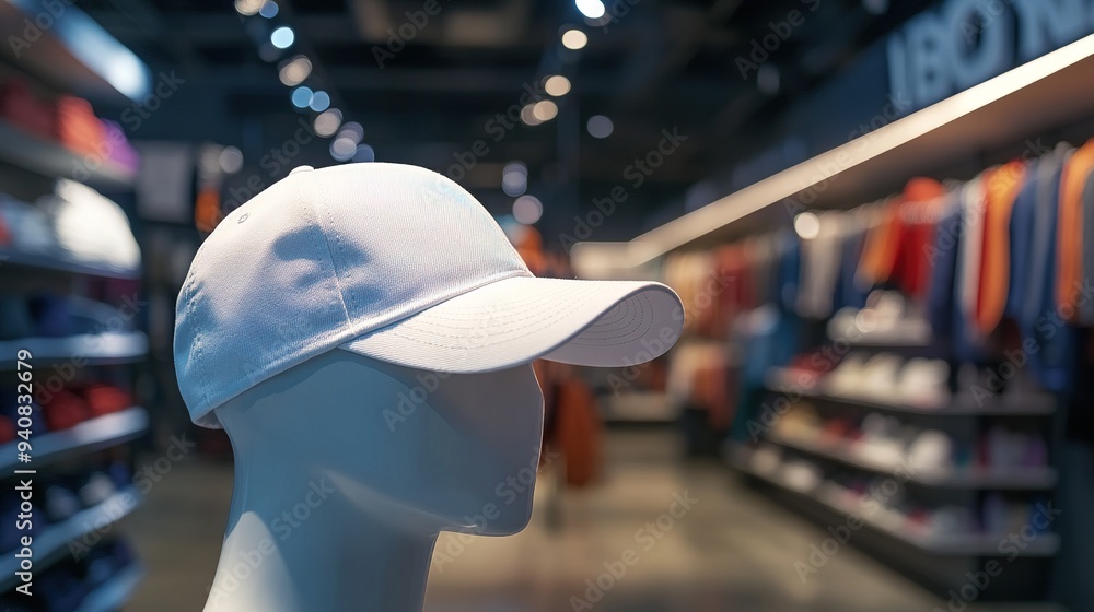 Side view of a white baseball cap on a mannequin in a modern clothing ...