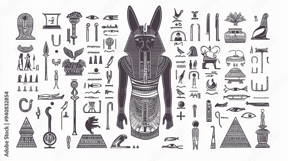 Vector set of thin line icons depicting ancient Egyptian gods and ...
