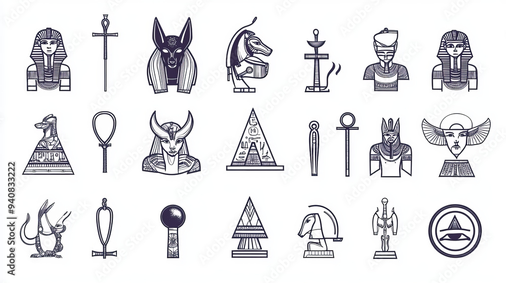 Vector set of thin line icons depicting ancient Egyptian gods and ...