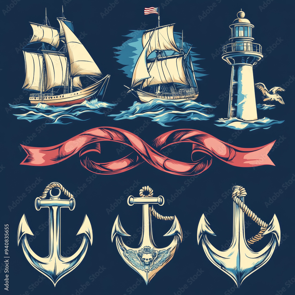Nautical elements including anchors, sailing ships, boat ropes, a ...