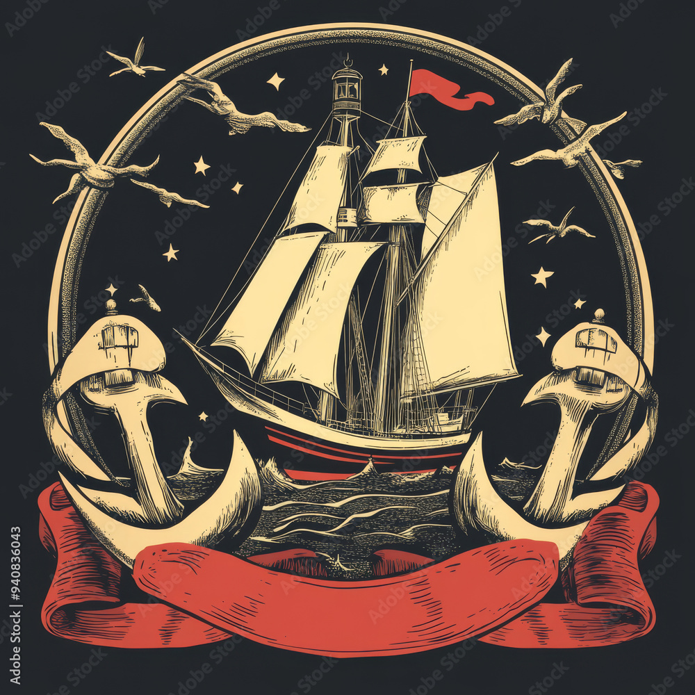 Nautical elements including anchors, sailing ships, boat ropes, a ...