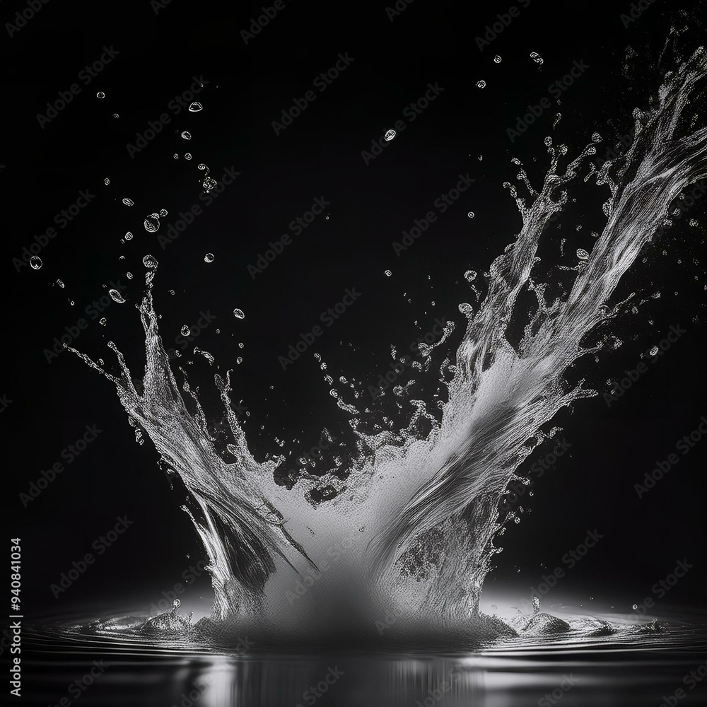 A high-speed photograph capturing a dynamic water splash against a dark ...