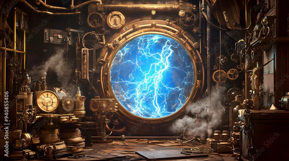 Steampunk Workshop A glowing electric blue lightning round frame with a ...