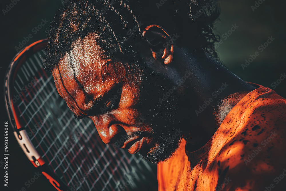 Intense Moment: Close-Up of African American Male Tennis Player Resting ...