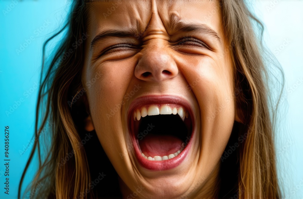 upset Caucasian girl screaming, crying in pain. shock and emotional ...