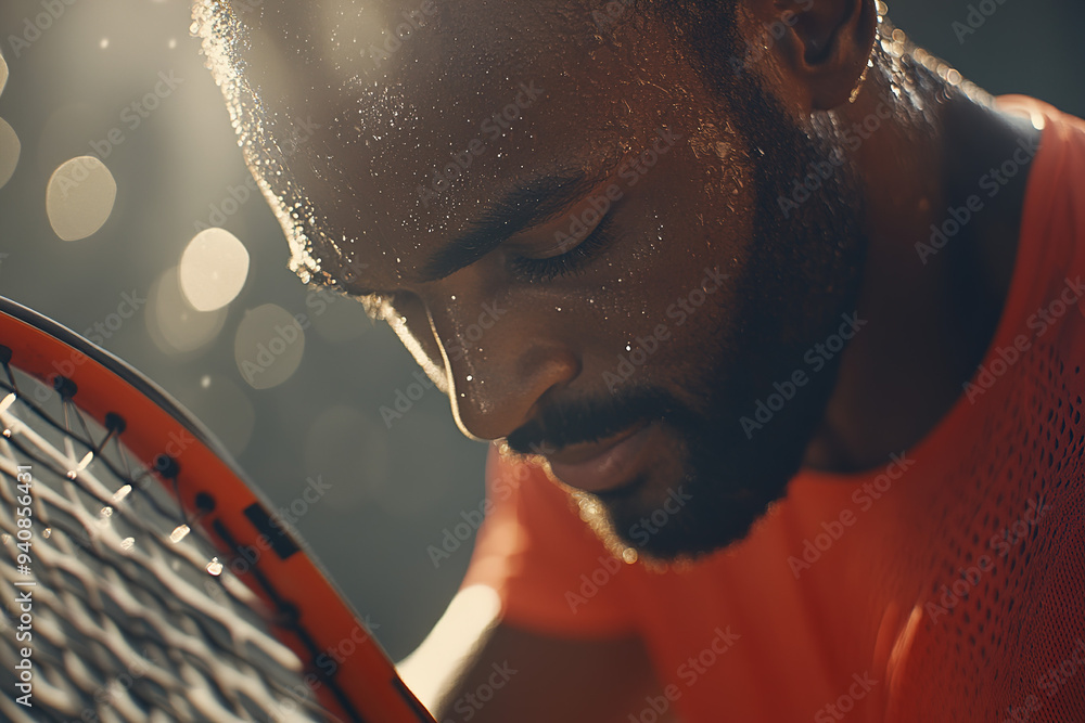Intense Moment: Close-Up of African American Male Tennis Player Resting ...