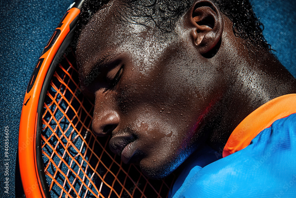 Intense Moment: Close-Up of African American Male Tennis Player Resting ...